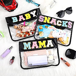 3 Pieces Chenille Letter Clear Zipper Pouches PVC Travel Pouch Waterproof Make up Bag Baby Preppy Snack Bags Clear Cosmetic Bags Mama Toiletry Small Makeup Organizer for Women Girls Kids Gifts