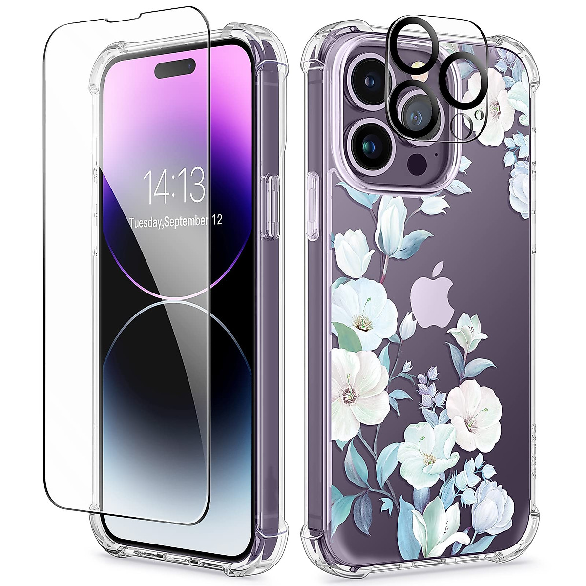 GVIEWIN Designed for iPhone 14 Pro Max Case, Screen Protector + Camera Lens Protector Flower Shockproof Clear Floral Design Protective Women Phone Cover for iPhone 14 ProMax (Hibiscus)