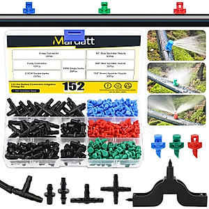 Mardatt 152Pcs Drip Irrigation Barbed Connectors Fittings Kit for 1/4" Tubing Includes 90/180/360 Angle Atomizing Sprinkler Sprayer and Barbed Connector for Agriculture Hydroponic Garden Lawn