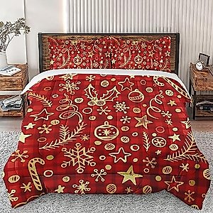 Pinbeam Comforter Set Twin Size, Christmas Golden Plaid Xmas Soft Bedding Set for Kids and Adults Bedroom Bed Decor, Retro Tree Winter Comforter Set with Pillowcase