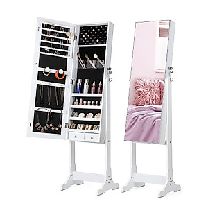 Nicetree Jewelry Cabinet with Full-Length Mirror, Standing Lockable Jewelry Armoire Mirror Organizer, 3 Angel Adjustable, White