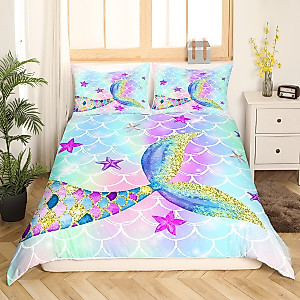 Erosebridal Rainbow Mermaid Comforter Cover Mermaid Tail Duvet Cover Girls Fish Scales Bedding Set Ocean Life Underwater Starfish Seashell Print Quilt Cover with 1 Pillowcase, Twin