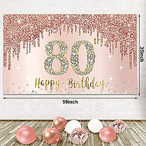 Happy 80th Birthday Banner Backdrop Decorations with Confetti Balloon Garland Arch, Rose Gold 80 Birthday Banner Balloon Set for Women, Pink 80 Year Old Bday Poster Photo Booth Decor