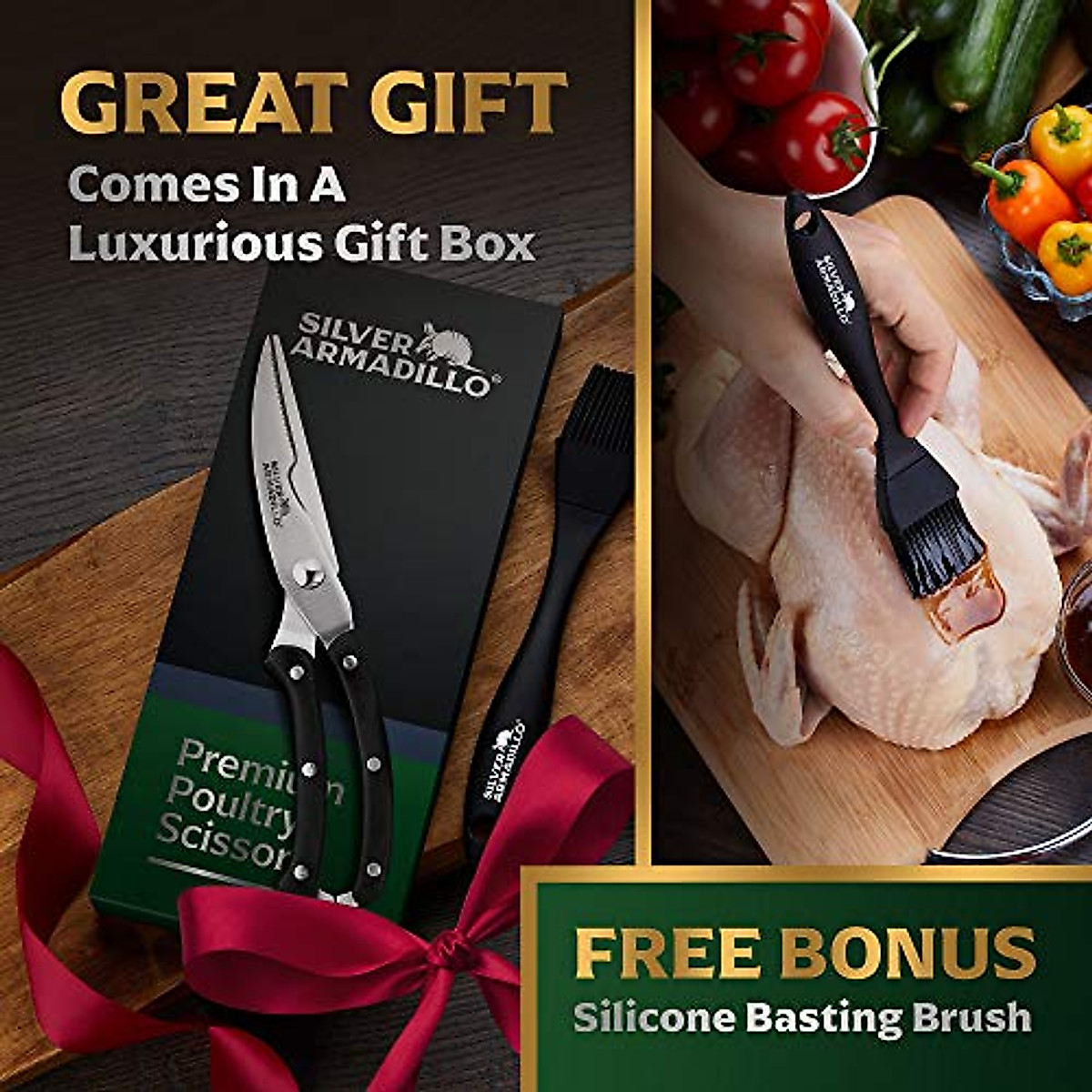 Heavy Duty Stainless Steel Poultry Shears For Bone, Chicken, Meat, Fish, Seafood, Vegetables. Premium Spring Loaded Food Scissors. One piece Kitchen Shears. (Black Wooden Handles)