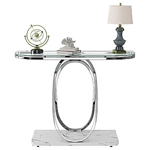 O&K FURNITURE Glass Console Tables for Entryway,Silver Entryway Table with Oval Frames and Marble Base,Chrome Entrance Table Glass Sofa Table for Living Room,Hallway,Silver Glass&White Faux Marble
