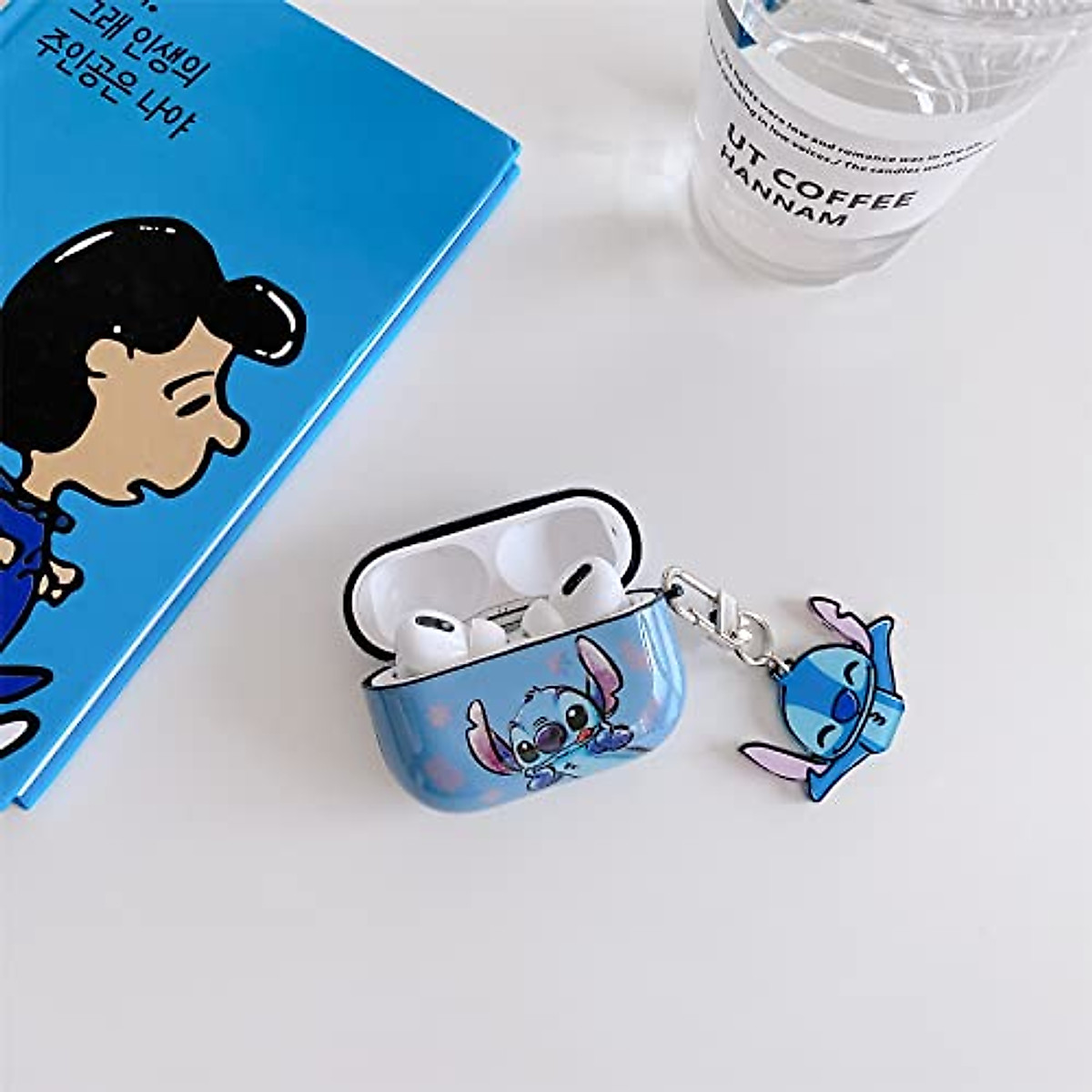 Soft TPU Blue Stitch Case with Charm and Keychain for Apple AirPods Pro AirPodsPro 2019 Model Funny Face Cute Lovely Adorable Kawaii Girls Kids Women