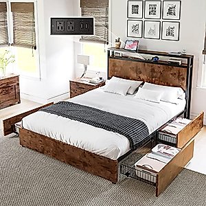 LUXOAK Full Size Bed Frame with 4 Storage Drawers, Wooden Platform Bed with 2-Tires Storage Headboard and Charging Station, No Box Spring Needed/Noise Free/Rustic Brown