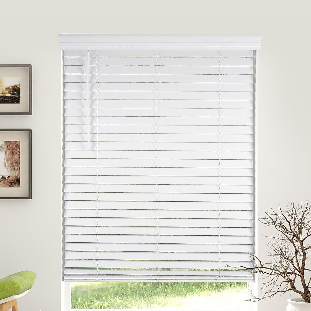 CALYX INTERIORS 2" Slat Faux Wood Blind with Royal Valance, Cordless, 22.5"W x 36"H, Snow White