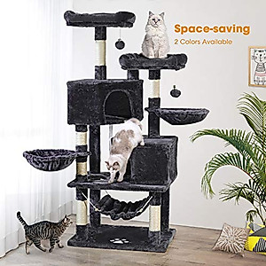 MQ Cat Tree Cat Tower 57in Multi-Level Cat Scratching Post with Condos, Basket, Hammock & Plush Perches for Kittens, Large Cats, Smoky Gray