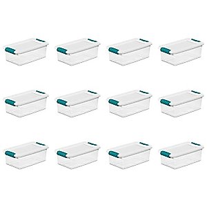 Sterilite 6 Qt Latching Storage Box, Stackable Bin with Latch Lid, Plastic Container to Organize Shoes on Closet Shelf, Clear with White Lid, 12-Pack