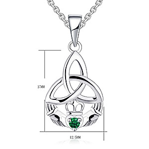 JO WISDOM 925 Sterling Silver Irish Celtic Heart Claddagh Pendant Necklace with Emeral Birthstones