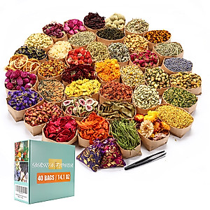 40 Bags Natural Dried Flowers Kit, Natural Dried Herbs with 2 Mesh Drawstring Bag for Soap,Candle,Resin Jewelry Making,Bath,Nail - Rose Petals,Rosebuds,Lilium,Jasmine,Don't Forget Me and More