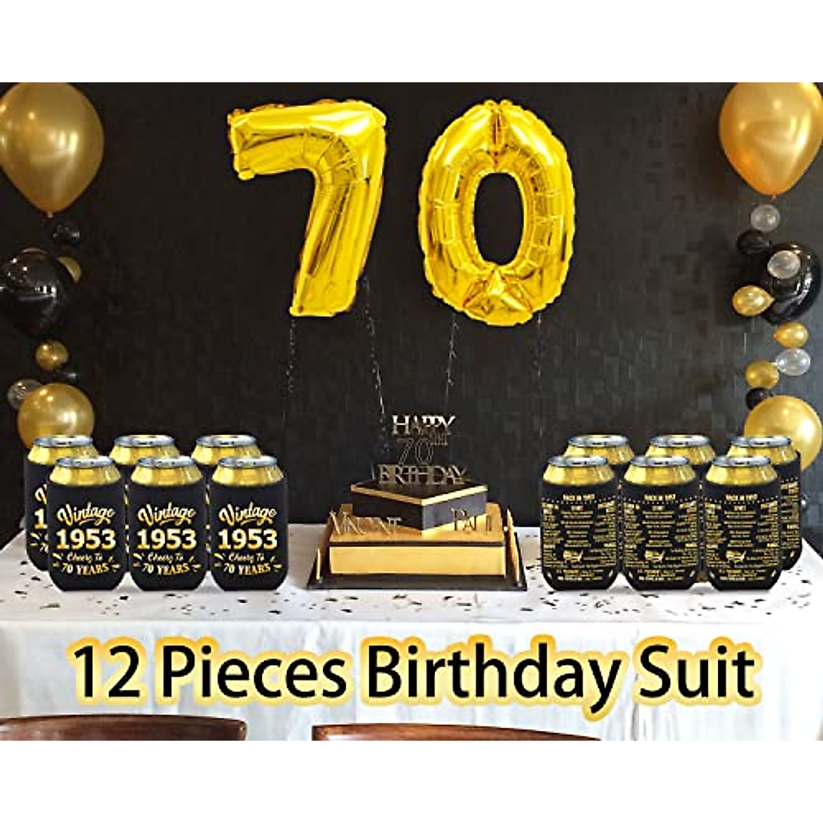 BdayPtion 70th Birthday Decorations for Men Women, 70th Party Decorations, 70 Year Old Bday Party Supplies, Seventy Birthday Present, Black and Gold Pack of 12 Can Cooler Sleeves