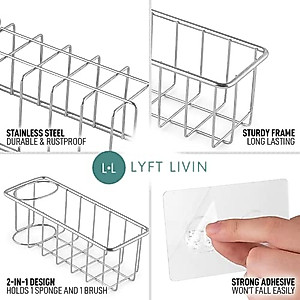 Adhesive Kitchen Sink Caddy, Sponge Holder Sink Organizer With Suction Tape Stainless Steel Rustproof Sponge Holder For Kitchen Sink Dish Scrub Holder Organizer Sponge Caddy Holder – Silver