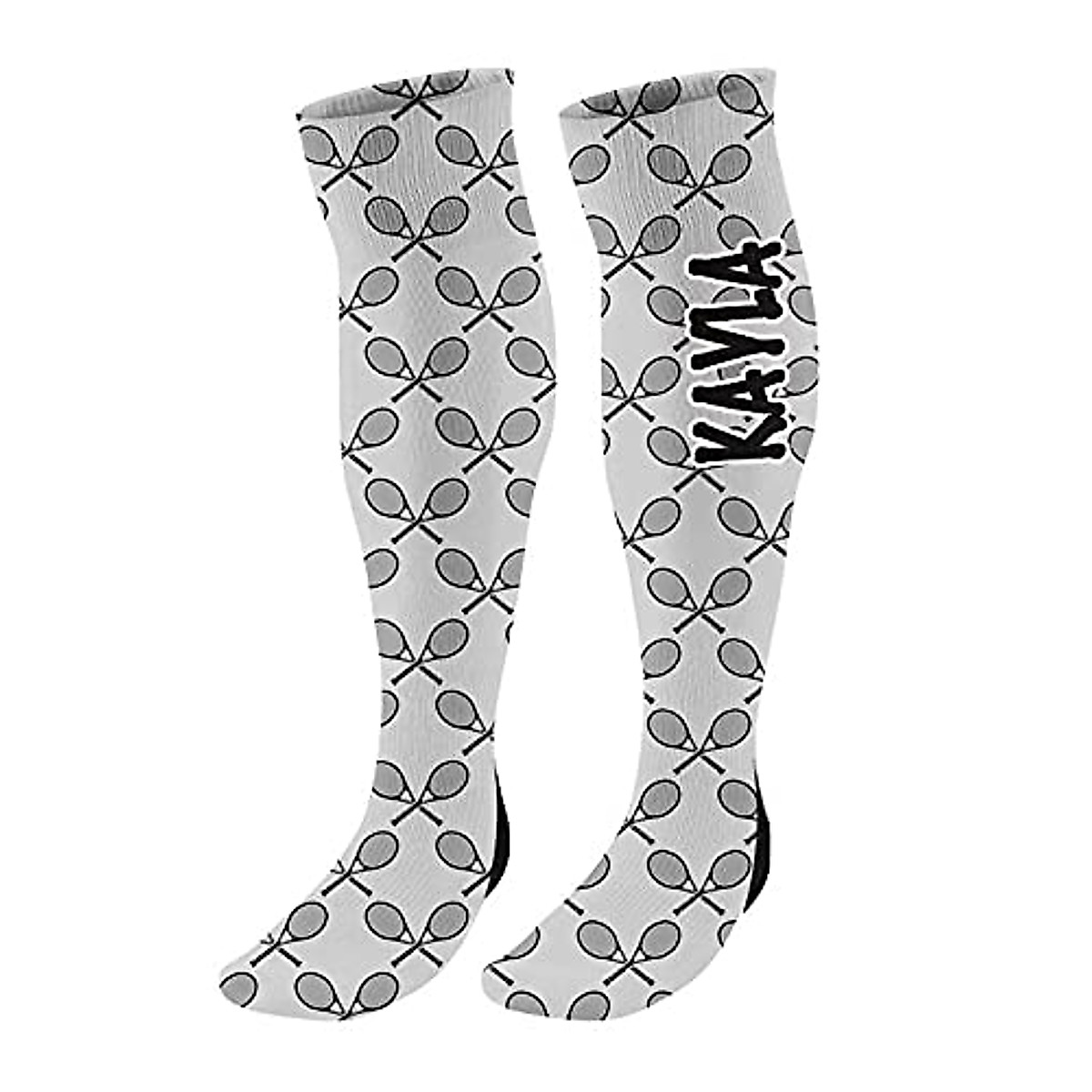 FAN STAR Personalized Tennis Knee High Socks, Custom Tennis Racquet Socks with Name or Team Name, Choose the Background Color!