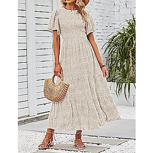 ZESICA Women's 2023 Summer Casual Floral Print Short Flutter Sleeve Crew Neck Smocked High Waist Flowy Maxi Dress,Beige,X-Large