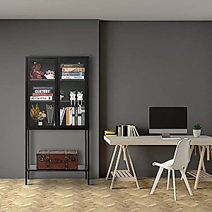 MATICO Metal Storage Cabinet, 59"(H) x30(L), Freestanding Pantry Locker, Accent Display Bookcase with Glass Doors, Modern Organizer Cupboard for Office, Living Room, Kitchen Console Sideboard, Black