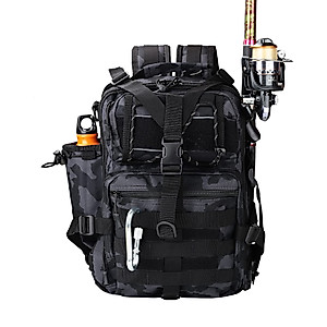 SARHLIO Fishing Tackle Backpack, Water-resistant Molle Fishing Backpack with Rod Holders, Camouflage Fishing Bag, Fishing Gear Storage for Camping, Fishing Trips