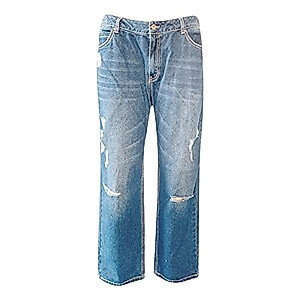 iLUGU Straight Leg Jeans for Women Ripped Hem Low Waisted Jeans for Women Button Down Jean Shirt Women Light Blue