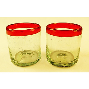 Mexican Glass Red Rim, Hand Blown, 7 Oz (6)