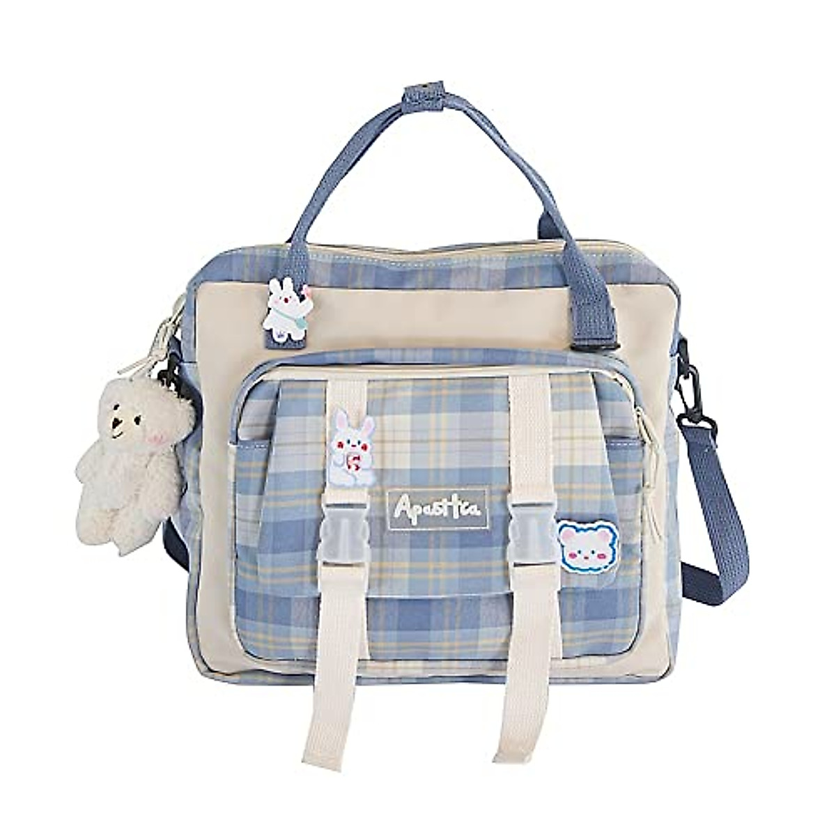 Tonecy Kawaii Bear Backpack for School, Japanese Aesthetic Backpacks for Teenager Girls, Back to School Handbag Backpack (Blue,with 3 Pins,1 Bear Pendant)