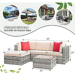 Devoko 5 Pieces Patio Furniture Sets Outdoor Sectional Sofa Manual Weaving Rattan Wicker Patio Conversation Set with Cushion and Glass Table (Grey)