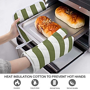 2Pcs Oven Mitts and Pot Holders Set, Olive Green and White Stripes Oven Mitts Gloves Set Heat Resistant Hot Pads for Kitchen Cooking Grill