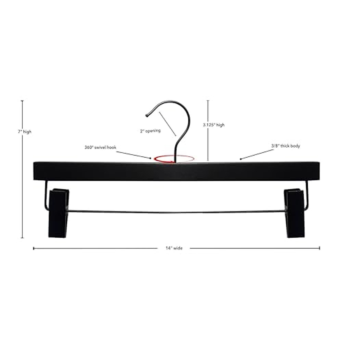 NAHANCO 21214BRCHU Wooden Skirt/Pant Hanger in Low Gloss Black Finish with Black Hardware - Home Use (Pack of 25)