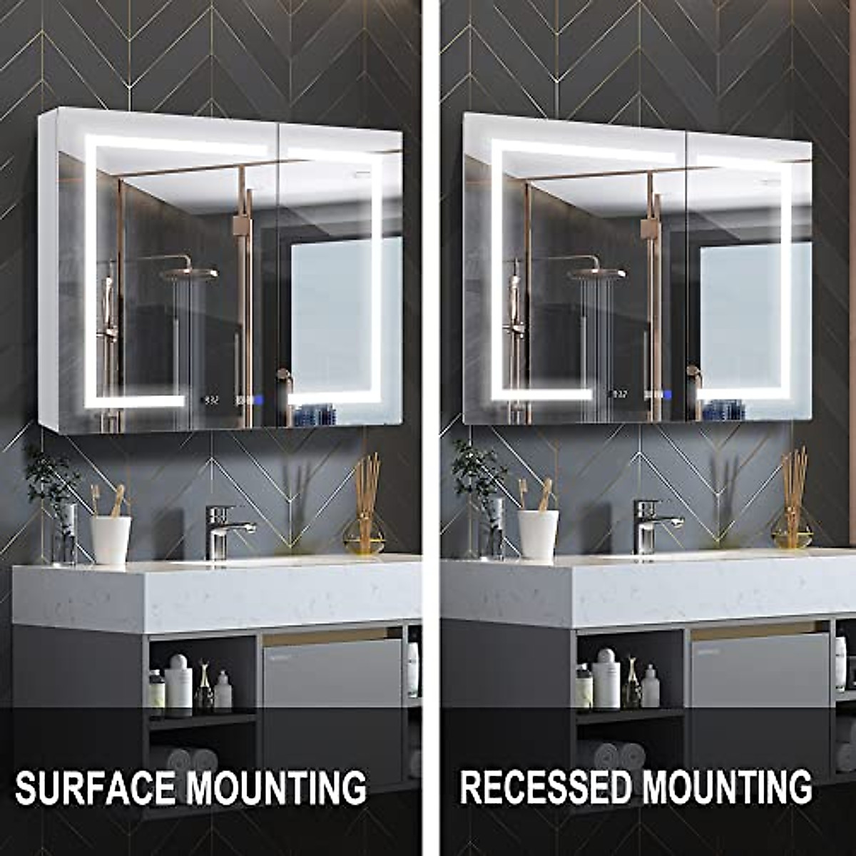 ExBrite Lighted Medicine Cabinet,36x30 in Medicine Cabinets for Bathroom with Mirror,Surface or Recessed Mount LED Medicine Cabinet,3-Layer Storage Shelves,Defog,Dimming,Clock