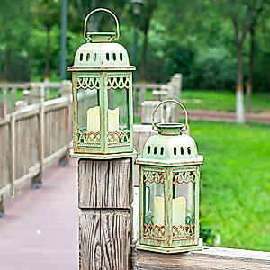 SteadyDoggie Solar Lanterns 2 Pack Green - Hanging Solar Lights with Flickering Candle LED - Retro Ornate Hanging Solar Lantern with Handle