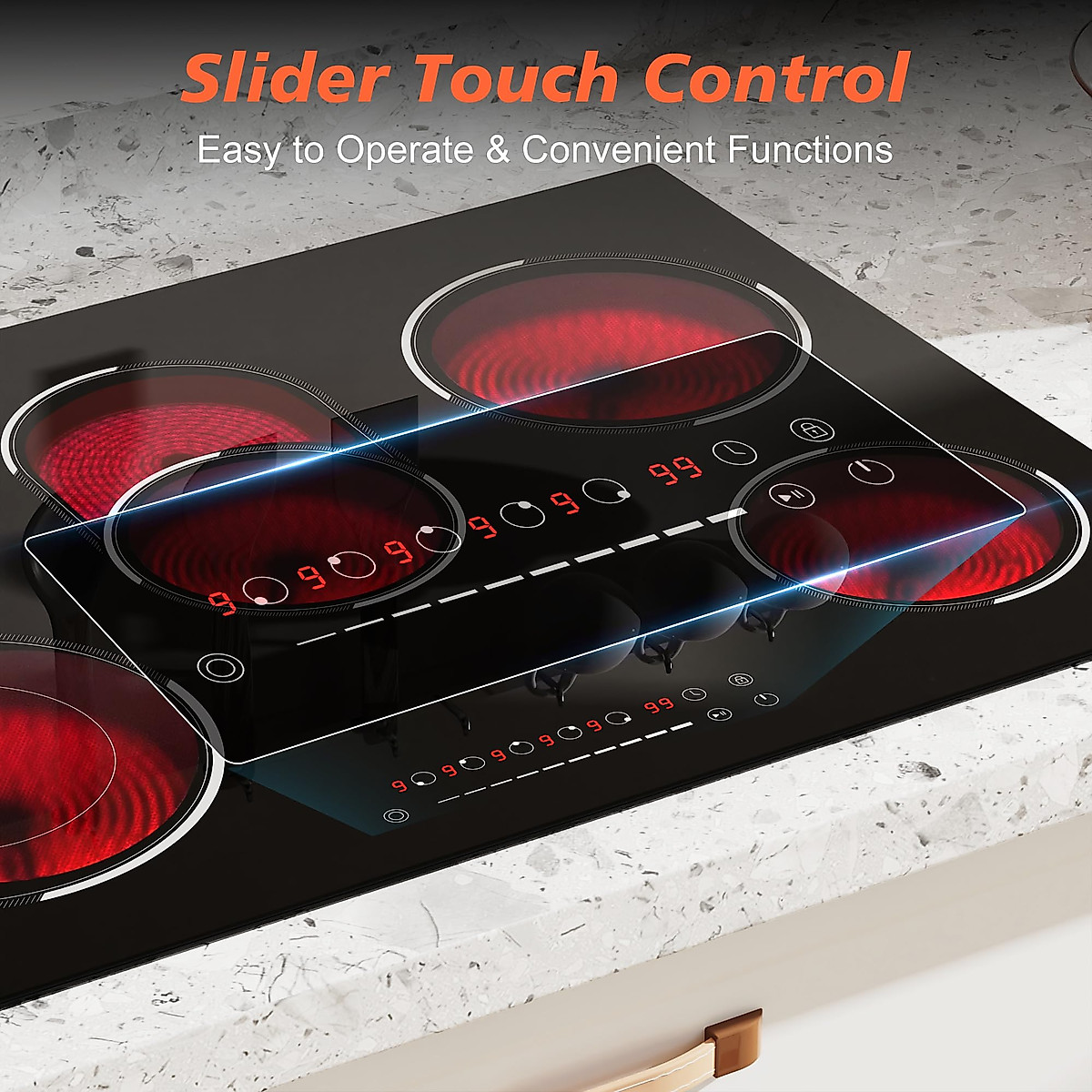 Traenvir 30 Inch Electric Cooktop, 5 Burner 8400W Built-in Electric Stovetop, Ceramic Cooktop with Expanded Zone, Slide Touch Control, Timer, Child Safety Lock, Pause, 220V - 240V Hard Wire, No Plug