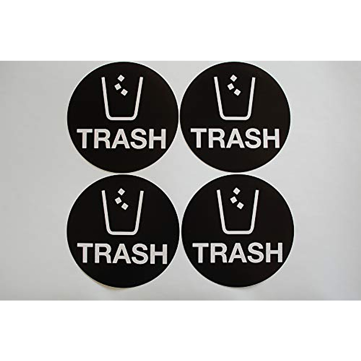 Trash Stickers Vinyl Decals (4 Pack) 5" Diameter for Trash Can Bins, Self Adhesive Sign, Waterproof UV Protected Indoor Outdoor (X4PS10)