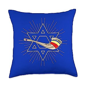Jewish Holiday Gifts and Apparel Shofar Star of David Jewish Yom Kippur Rosh HaShanah Throw Pillow, 18x18, Multicolor