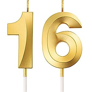 BBTO 16th Birthday Candles Cake Numeral Candles Happy Birthday Cake Topper Decoration for Birthday Party Wedding Anniversary Celebration Supplies (Gold)