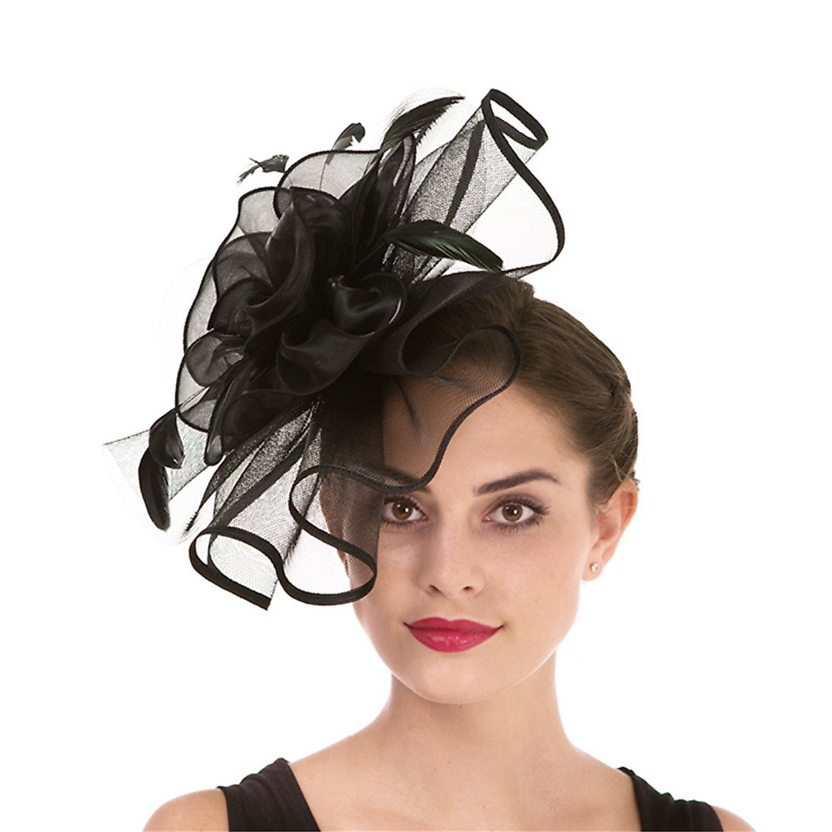Fascinator Women's Organza Church Kentucky Derby British Bridal Tea Party Wedding Hat Summer Ruffle Hat(Hj2-Black)