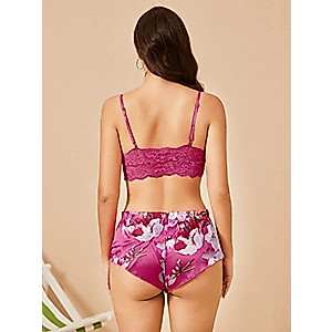 WDIRARA Women's Pajamas Set Lace Satin Sexy Lingerie with Cami Floral Shorts Sleepwear Floral Hot Pink S