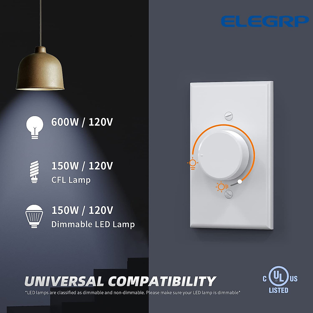 ELEGRP Digital Rotating Dimmer Switch for Dimmable LED, CFL and Incandescent Light Lamp Bulbs, Single Pole / 3-Way Rotary Dimmer Switch, Wall Plate Included, UL Listed (1 Pack, Matte White)