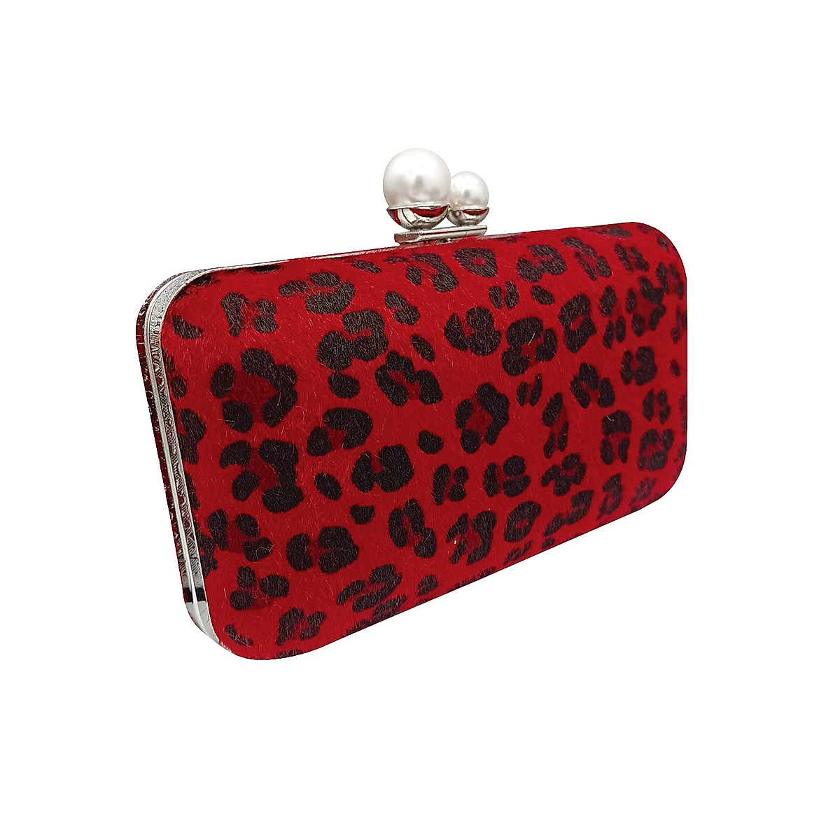 Plush Evening Bag for Women Stylish Leopard Print Handbag Pearl Chain Purse for Party Prom Red