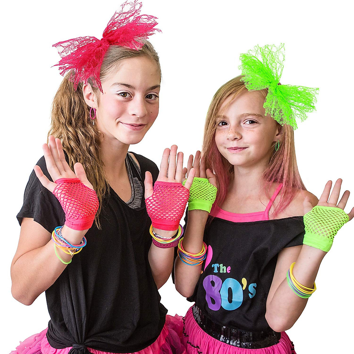 Blulu 80's Lace Headband Costume Accessories for 80s Theme Party, No Headache Neon Lace Bow Headband, Set of 4 (Fresh Color)