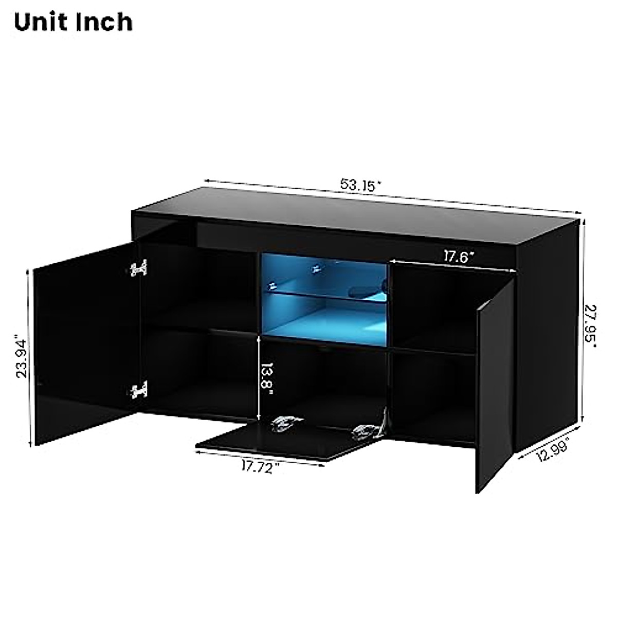 Lamerge Sideboard Buffet Cabinet,Led TV Stand with Storage,High Glossy Panel, UV Coated,TV Table,Kitchen Cabinet, Bar Cabinet. 53.1" L×13" W×28" H,Black