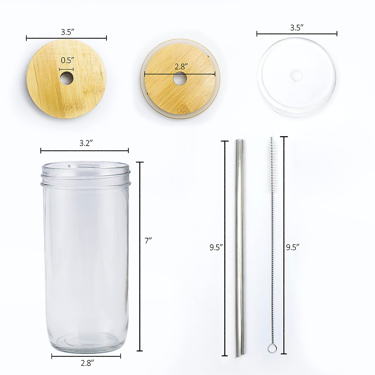 [Pack of 4] Mason Jar Glass Cups With Lids And Straws 24 Oz, Smoothie Boba cup With Bamboo Lids, Reusable Glass Iced Coffee Cups, Wide Mouth Bubble Tea Cup, Leak Proof Glass tumbler Drinking