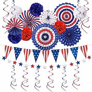 Fourth of July Decorations Red White Blue Decorations Set of Paper Fans, USA Flag Pennant Bunting, Pom Poms, Hanging Swirls, Star Streamer, Head Bopper for Memorial Day Veterans Decor