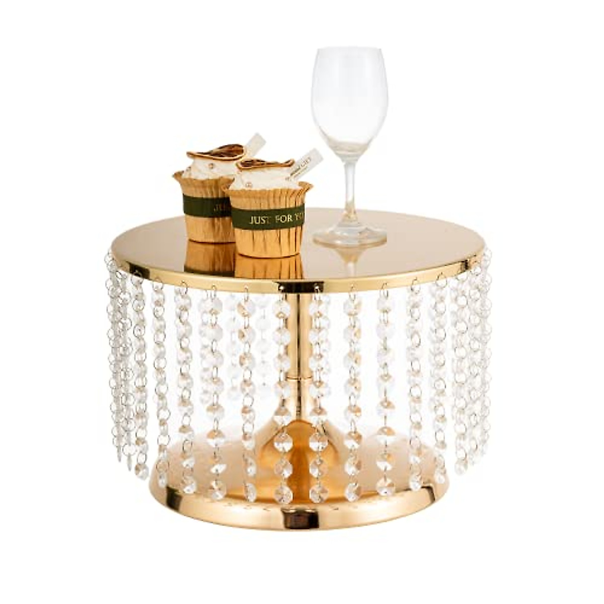 8 Inch Tall Wedding Gold Cake Stand - 12" Dia Round Base Cake Serving Stand with Crystal Chandelier, Dessert Cupcake Pastry Candy Display Plate for Weddings, Birthdays and Special Occasions