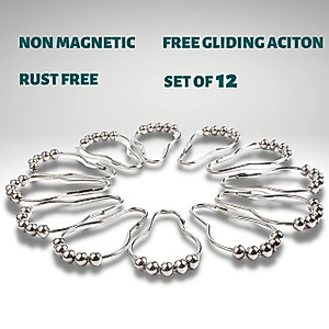 Shower Curtain Hooks - Set of 12 Shower Curtain Rings- Rust Resistant Shower Curtain Rings Stainless Steel Curtain Rings for Bathroom Shower Rod Hangers Silver