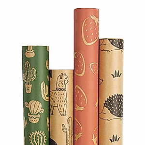 RUSPEPA Kraft Wrapping Paper Roll - Cactus/Strawberry/Alpaca/Hedgehog Printed Great for Congrats, Holiday and Special Occasion - 4 Roll - 30Inch X 10Feet Per Roll