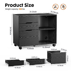 NEWBULIG 3-Drawer Mobile Cabinet Wood Lateral Filing, Printer Stand with Open Adjustable Storage Shelves and Wheels for Home Office, Black