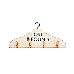 Lost & Found Wood Laundry Room Wall Decor with 4 Natural Wood Clips, Decorative and Functional Clothes-Hanger Shaped Laundry Room Organizer for Socks, Whitewashed, 13.4" W x 6.1" H