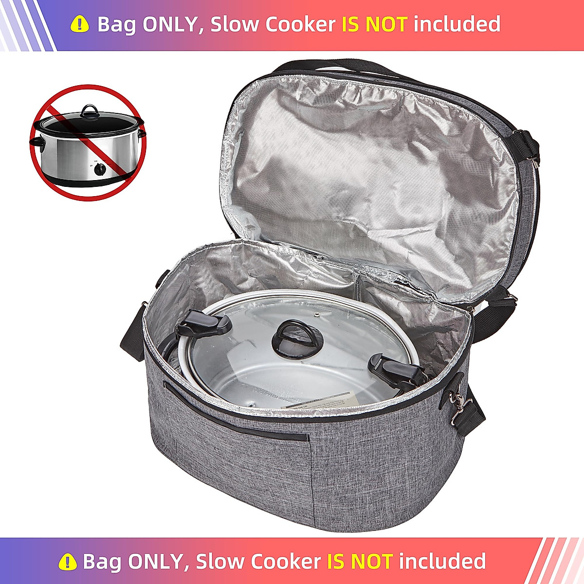 HOMEST Slow Cooker Bag for Crock-Pot 6-8 Quart, Insulated Travel Carrier with Easy to Clean Lining, Carry Case with Top Zip Compartment and Accessory Pocket (Bag Only)