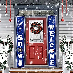 Whaline Winter Porch Sign Christmas Hanging Banner Welcome & Let It Snow Door Sign Snowflakes Snowman Banner Decoration for Home Indoor Outdoor Front Porch Wall Farmhouse Holiday Party