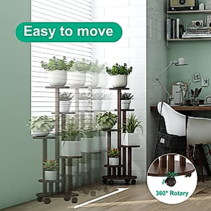 Indoor Plant Stand with Wheels, 5 Tiered , Bamboo Plant Stands for Indoor Plants Multiple, Corner Plant Stand for Window Garden Balcony Living Room Outdoor